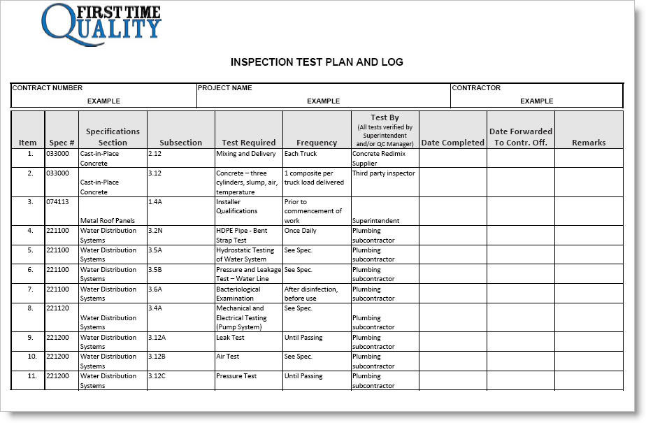 Inspection Test Plan Form Completed Example Inspection Test Plan Form Completed Example